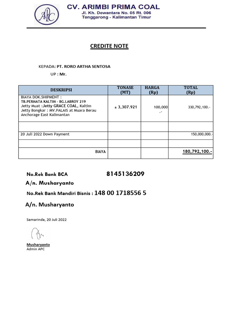 Invoice Dokumen - TB - Permata Kaltim - BG - Labroy 219 - Grace Coal ...