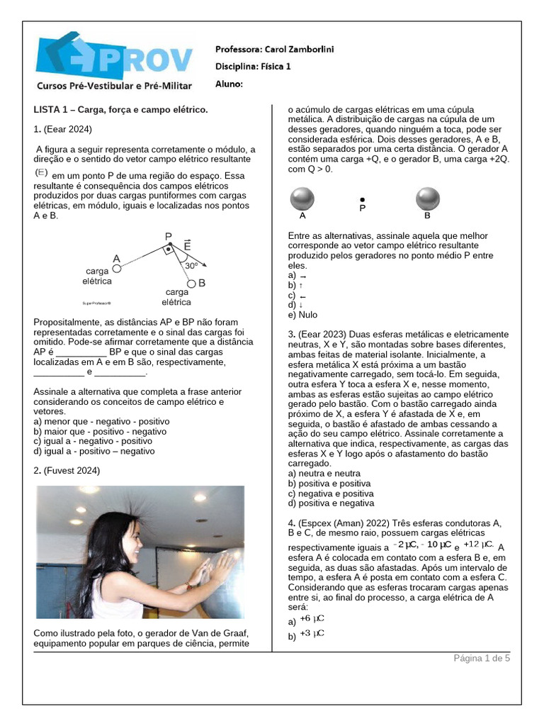 001 Lista de Exercicios 2 1741809726 | PDF | Campo elétrico | Carga ...