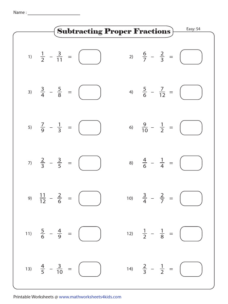 Fractions Subtraction Unlike Fractions Proper Horizontal Easy 4 Key ...