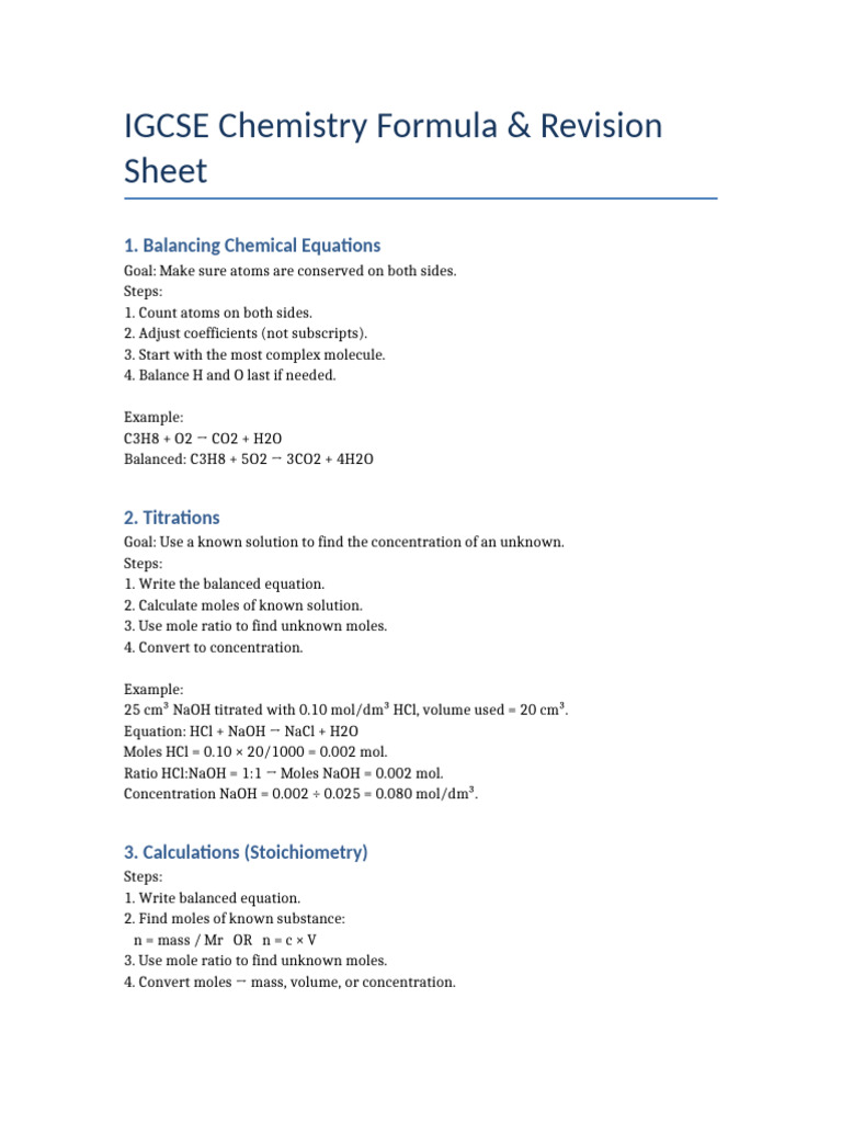IGCSE Chemistry Formula Reference Sheet | PDF