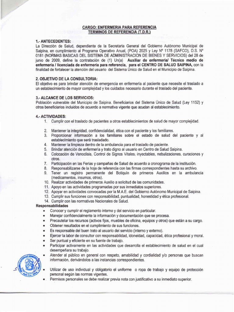 CONV 15. ENFERMERÍA DE REFERENCIA.- GAM SAIPINA STA CRUZ | PDF