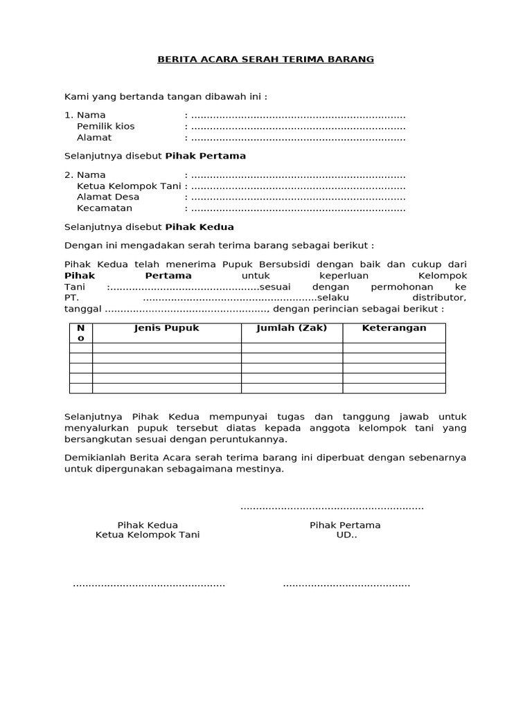 Berita Acara Serah Terima Pupuk Bersubsidi | PDF