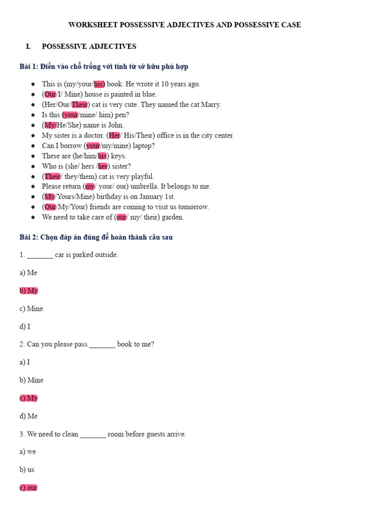 Possessive Adjectives Worksheet for Kids | PDF