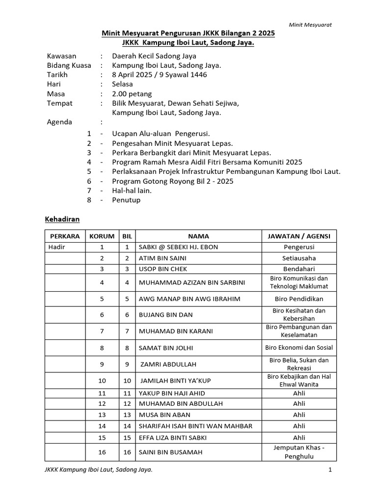 2 Minit Mesy Pengurusan JKKK Bil 2 08042025 | PDF
