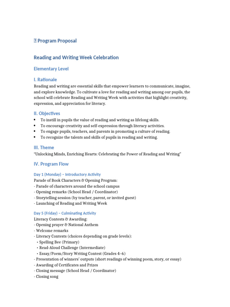 Reading and Writing Week Proposal | PDF