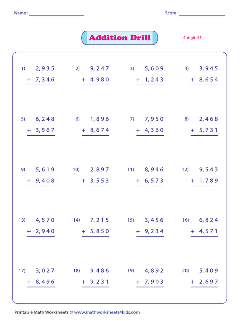 Worksheets 4th Grade Add Sub Large Numbers Add 4digit All | PDF