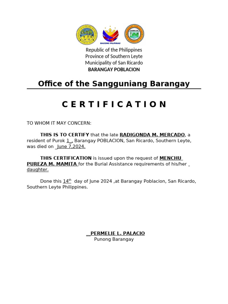 Barangay Burial Certification | PDF
