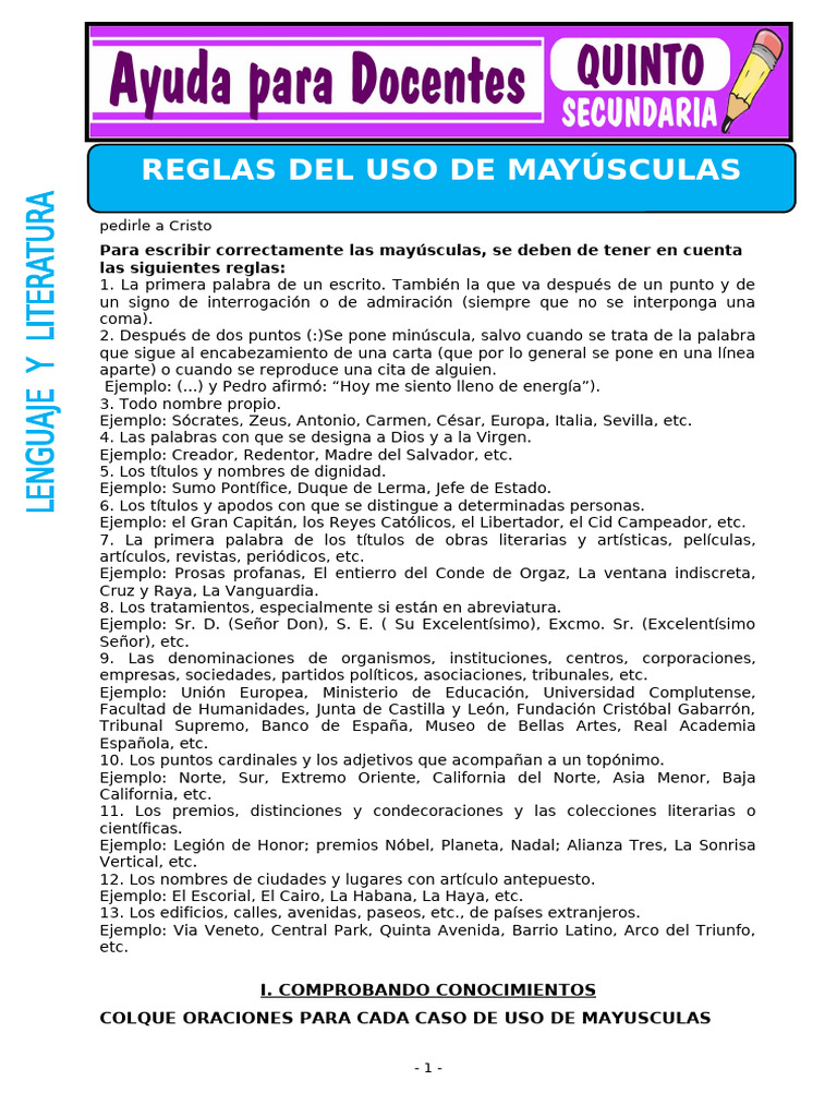 Reglas de Uso de Las Mayusculas Para Quinto de Secundaria | PDF | Aldea ...