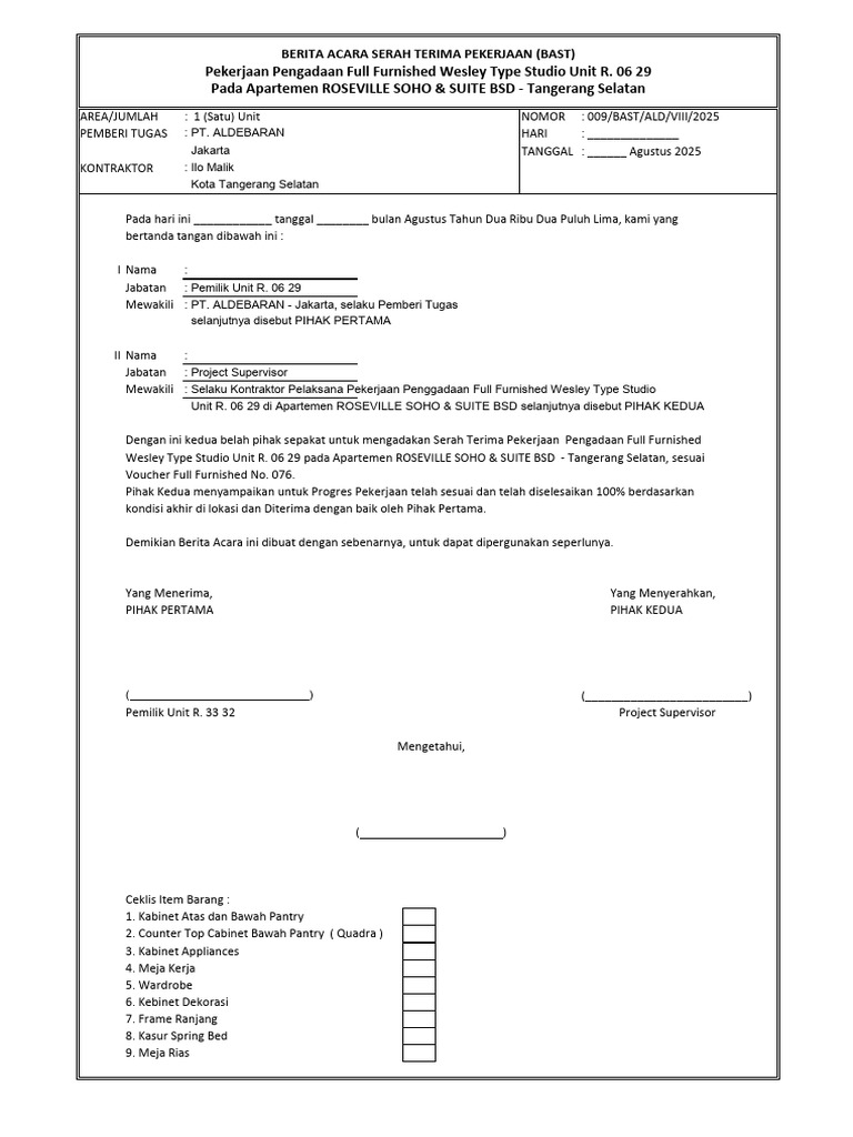 Serah Terima Furnished Unit R. 06 29 | PDF