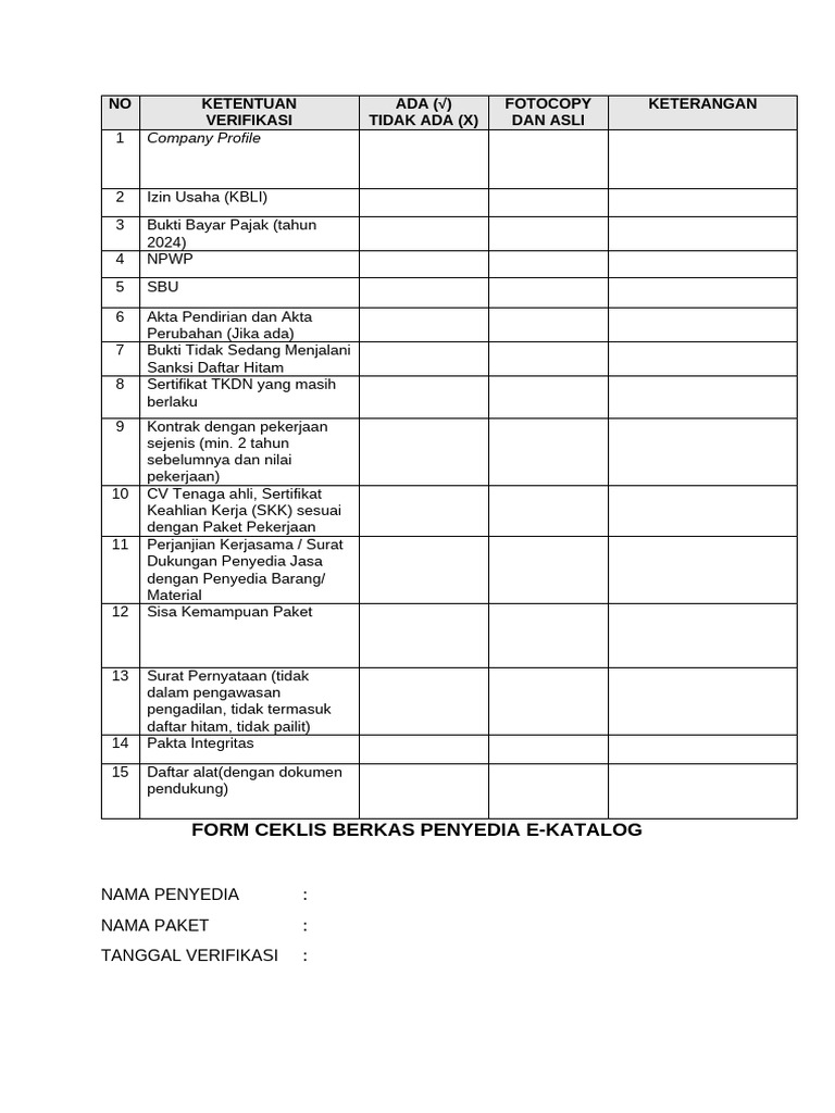 Ceklis Berkas Penyedia E-Katalog | PDF