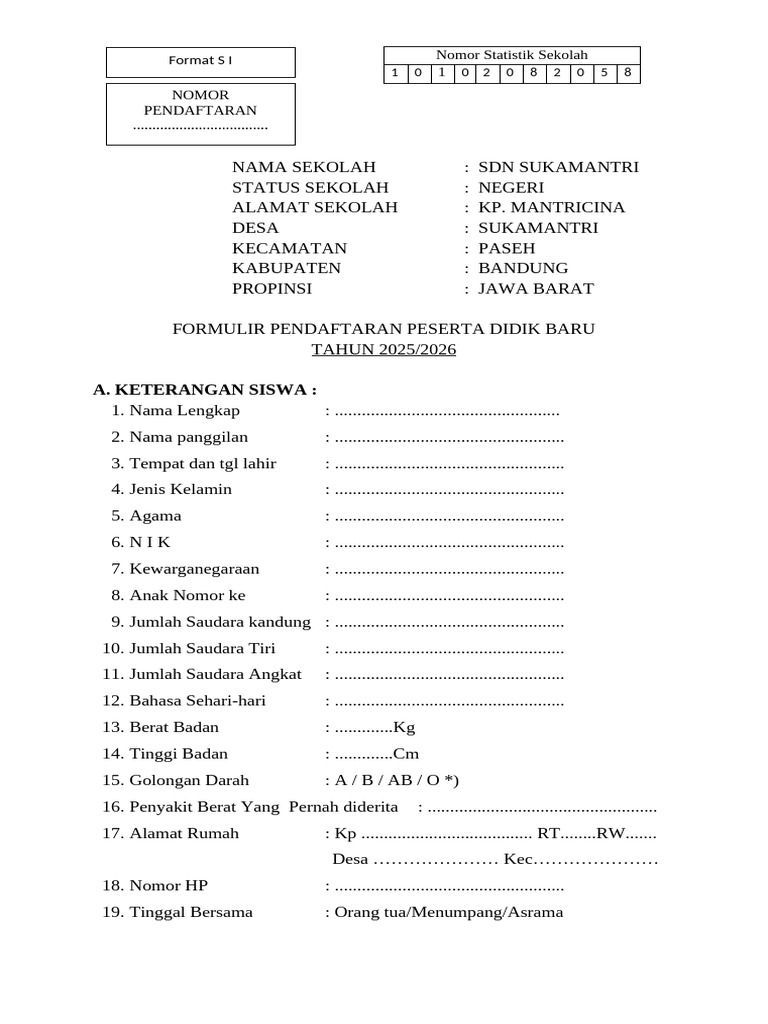 Formulir PPDB Format S1 Untuk SD | PDF