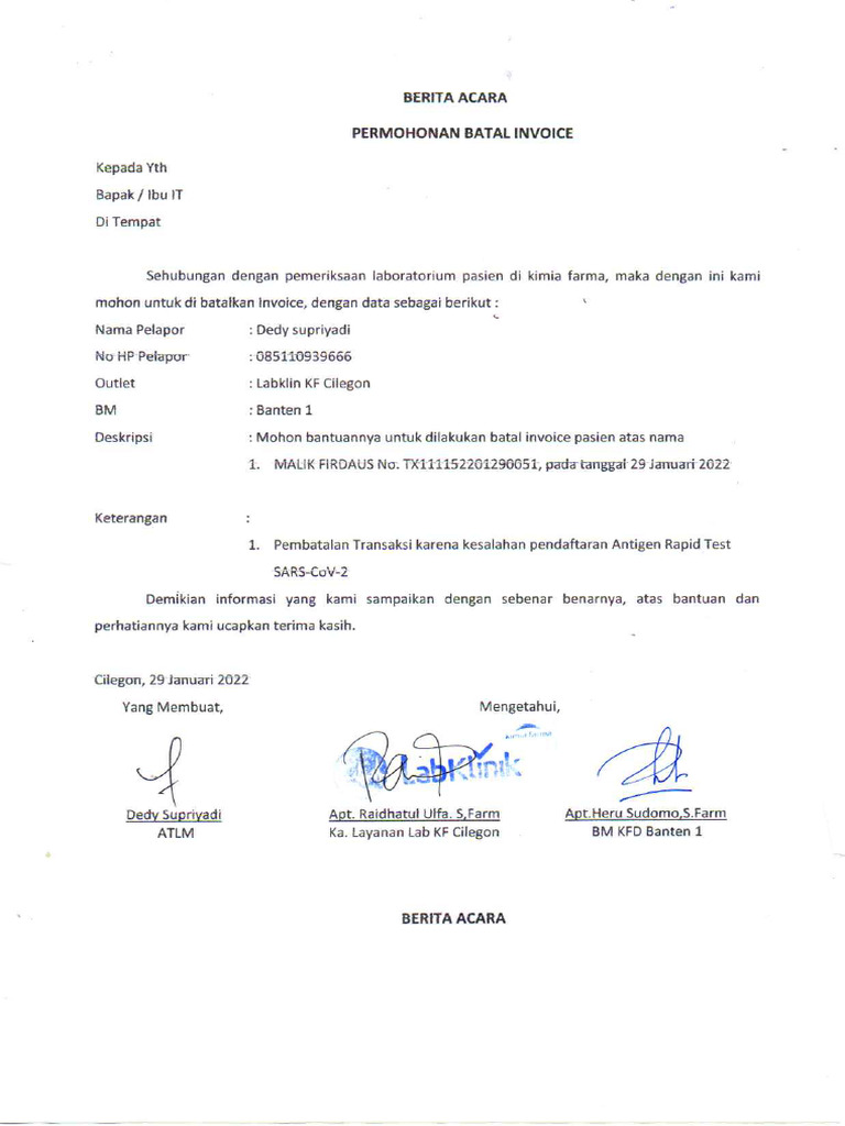 Berita Acara Batal Invoice | PDF