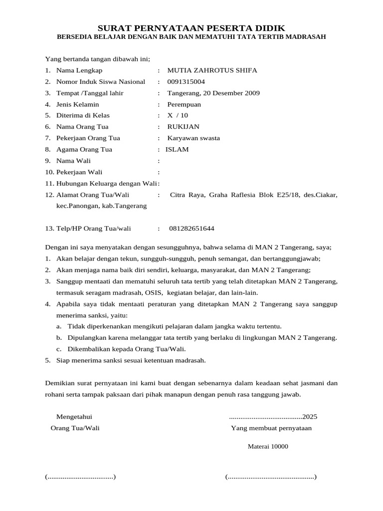 Surat Pernyataan Siswa MAN 2 Tangerang | PDF