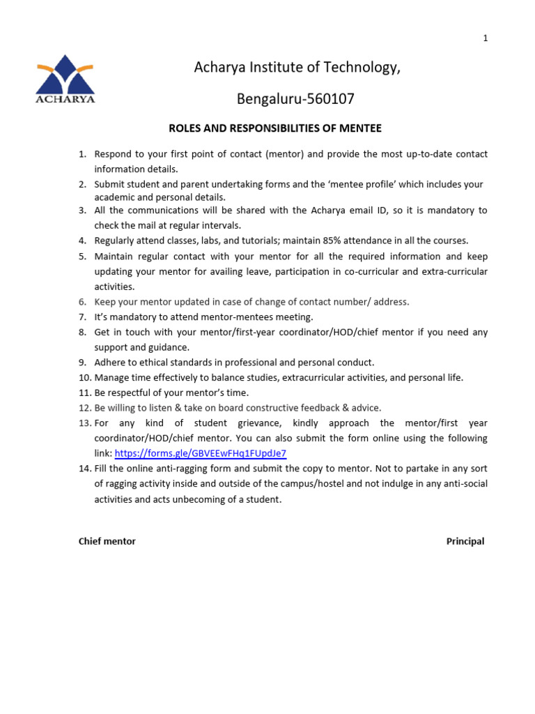 Roles & Responsibilities of Mentee - 2024 | PDF