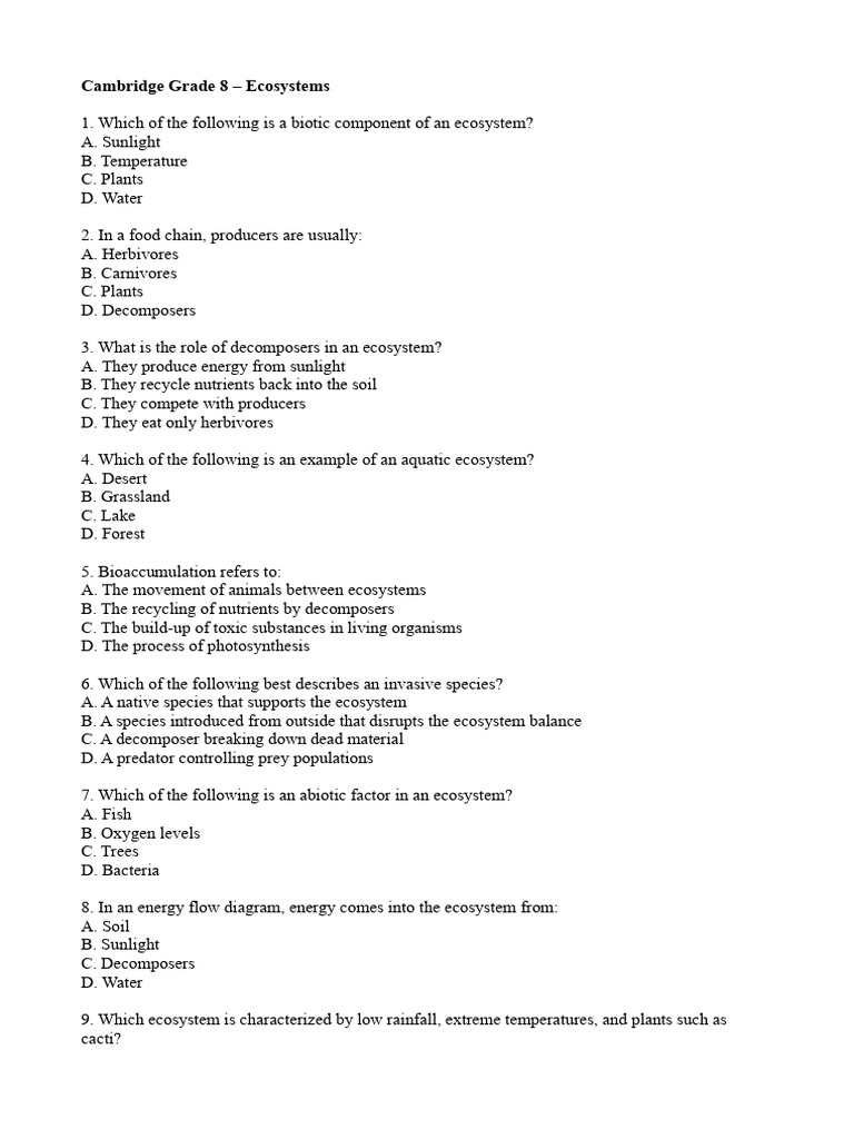 Cambridge Grade 8 Ecosystem Quiz | PDF | Ecosystem | Plants