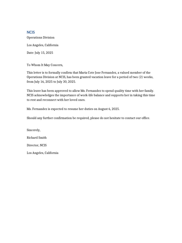 NCIS Vacation Leave Confirmation Letter | PDF