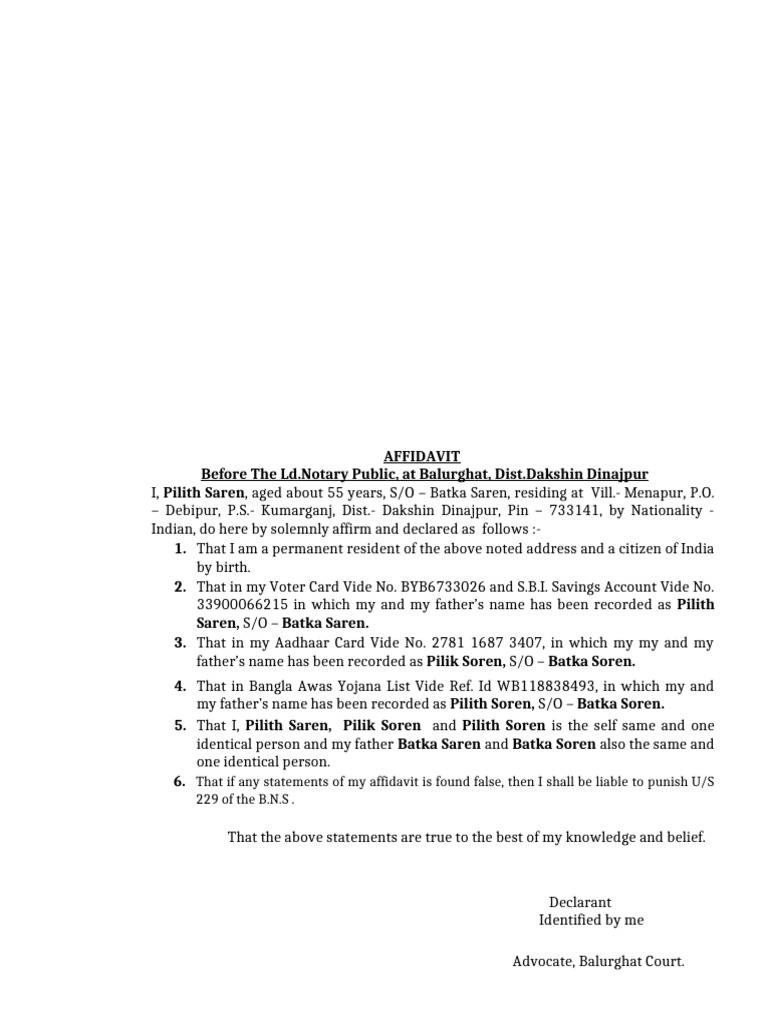Pilith Saren of Menapur Same Person For Abash Yojona Notary | PDF