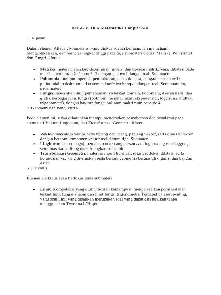 Kisi-Kisi TKA MTK Lanjut | PDF