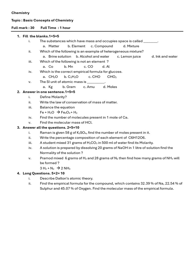 Basic Chemistry Concepts Quiz | PDF