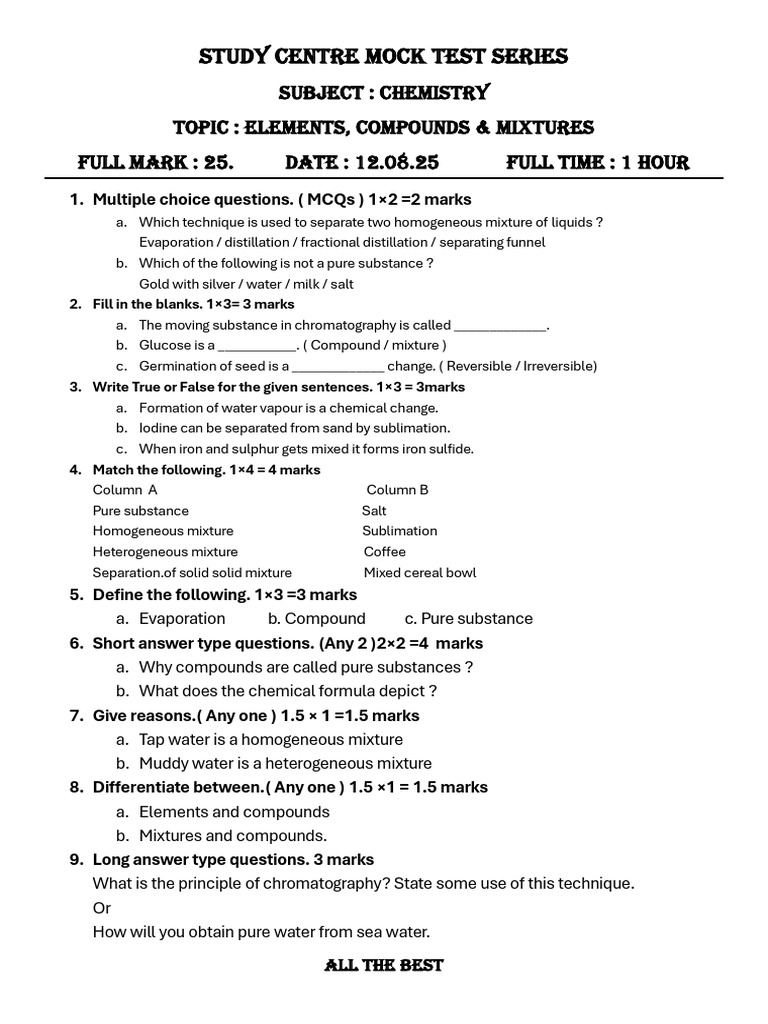 Chemistry Mock Test: Elements & Mixtures | PDF