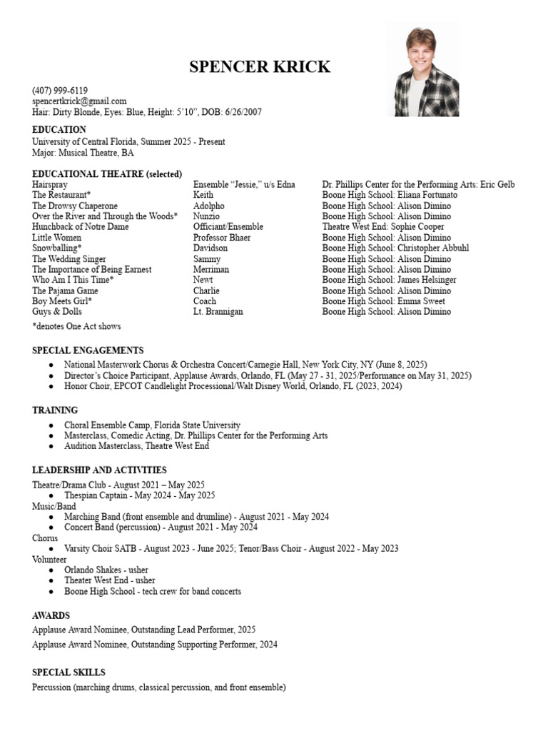 Spencer Krick: Musical Theatre Resume | PDF | Choir | Performing Arts