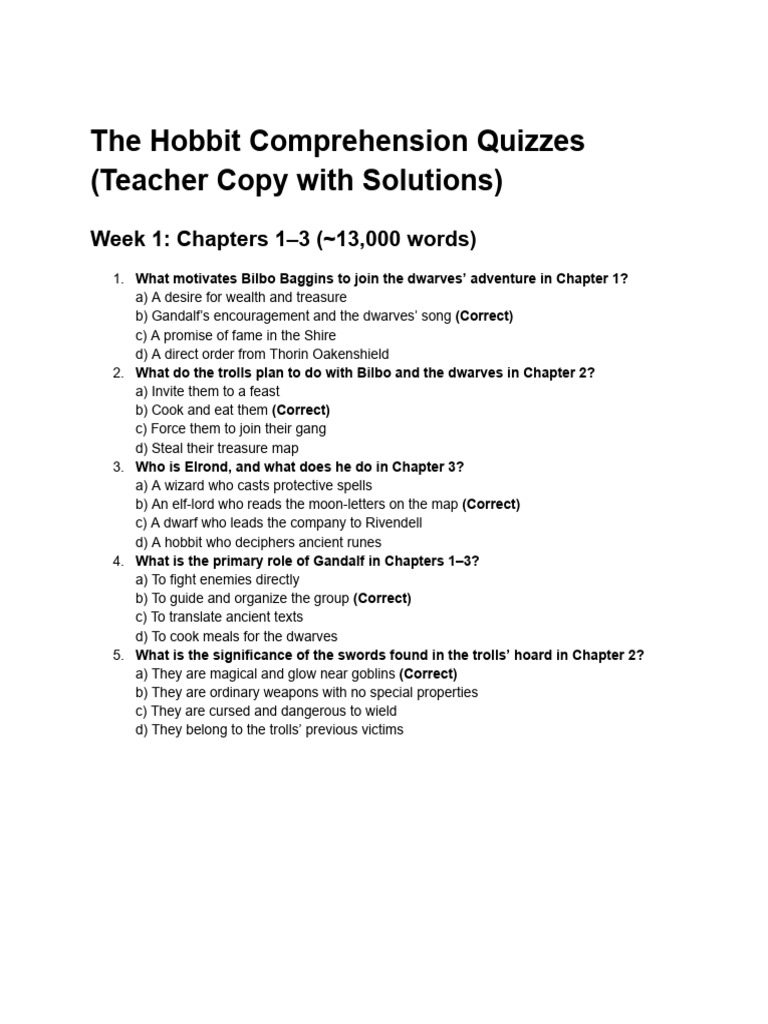 The Hobbit Comprehension Quizzes (Teacher Copy With Solutions) | PDF ...