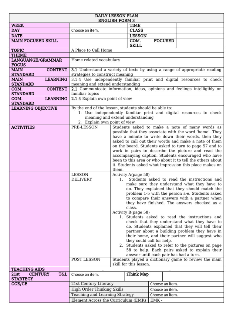 Unit 5 A Place To Call Home | PDF | Lesson Plan | Curriculum