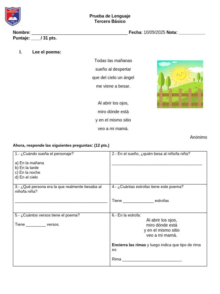 Prueba de Lenguaje para Tercero Básico | PDF