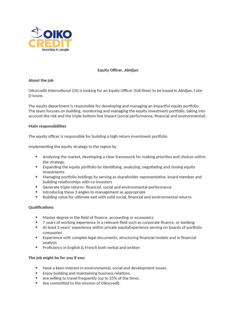 Profile Equity Officer | PDF | Equity (Finance) | Business Economics