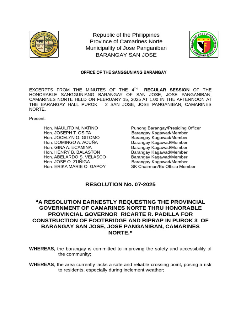 San Jose Barangay Footbridge Resolution | PDF