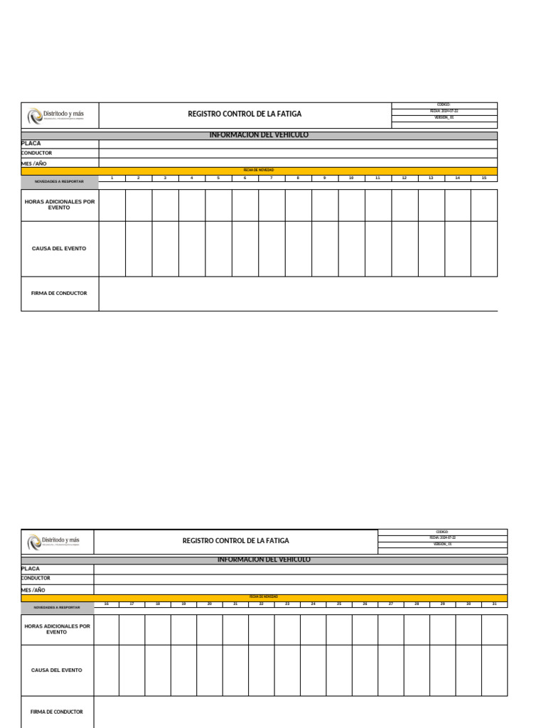 Fomato Reporte Horas Extras Control-fatica x Conductor | PDF
