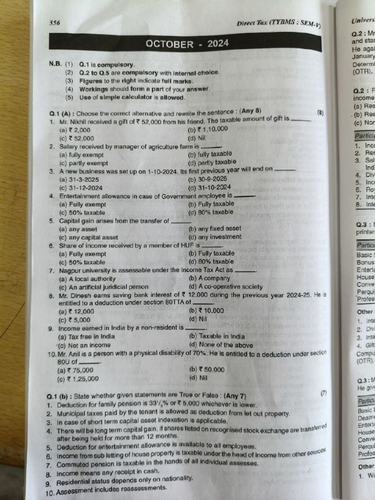 October 2024 Question Paper D Tax | PDF