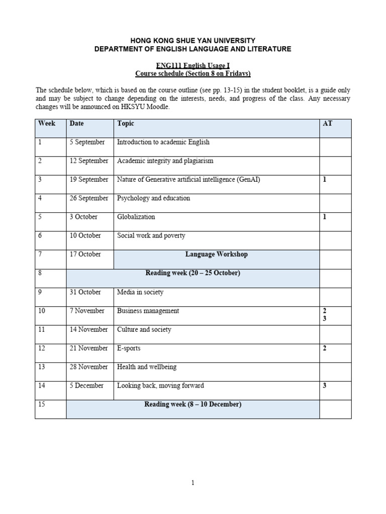ENG111 Course Schedule (Friday, Section 8) | PDF