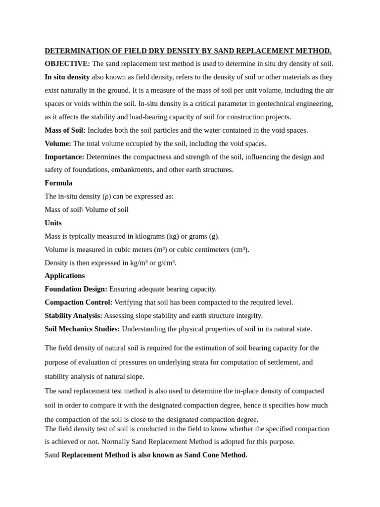 Field Density Determination by Sand Replacement Method | PDF | Density ...