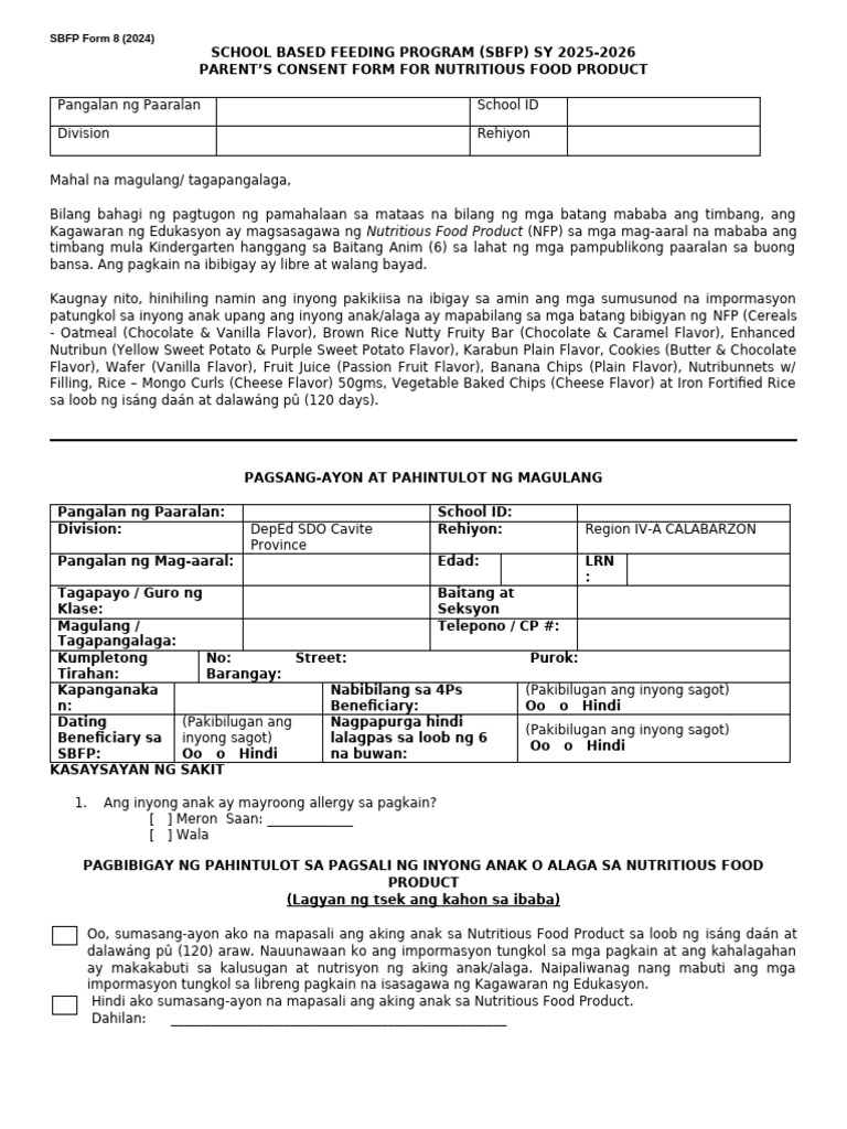 Parents Consent SBFP Form 8 NFP Only | PDF