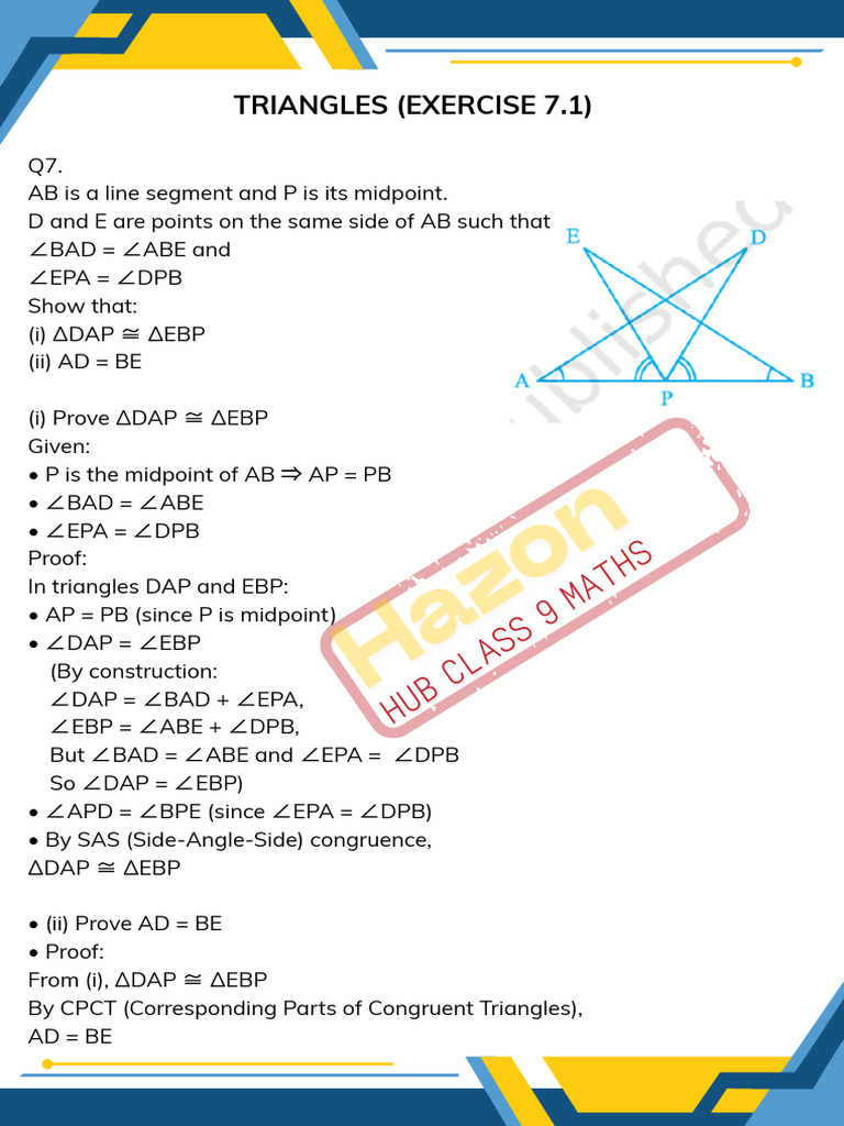 Triangles Exercise 7.1 Solutions | PDF | Triangle | Angle