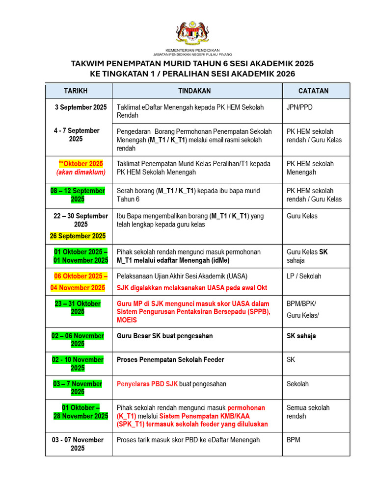 Takwim Penempatan Tingkatan 1 2026 | PDF