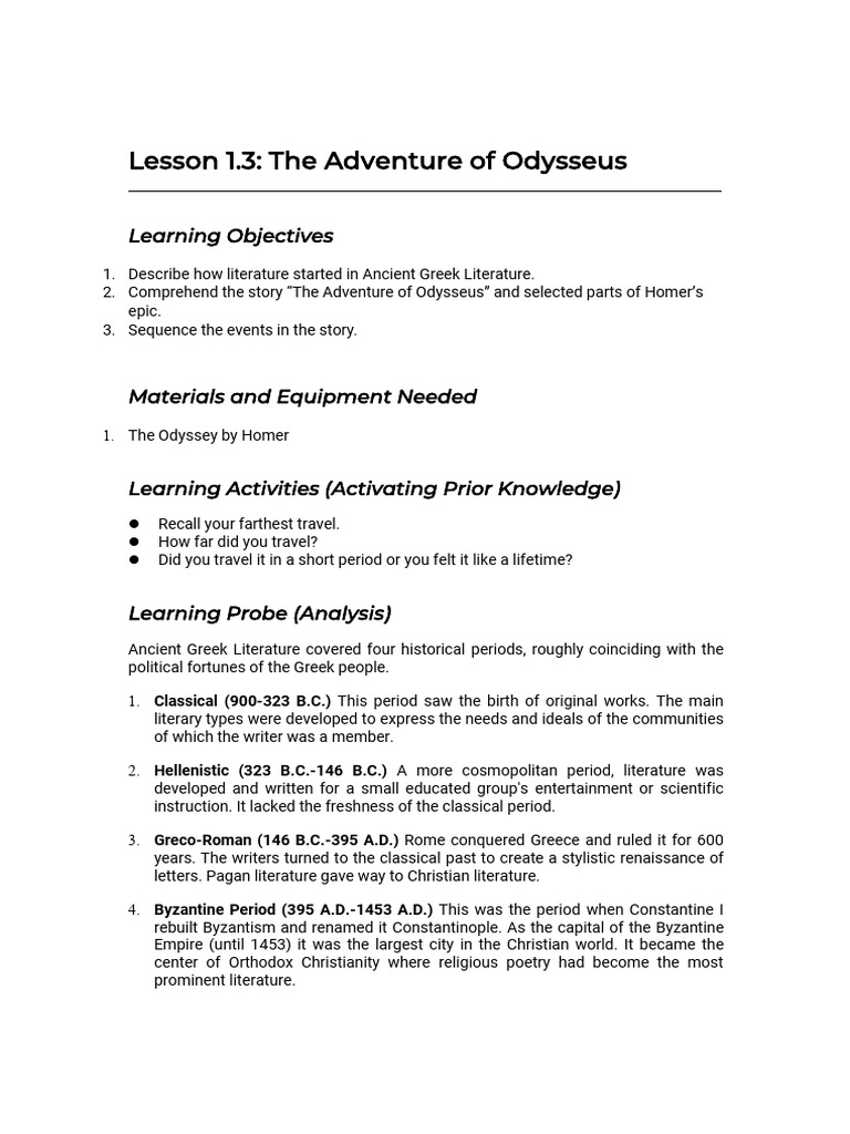 Lesson 1.3 Adventure of Odysseus | PDF | Achilles | Hector
