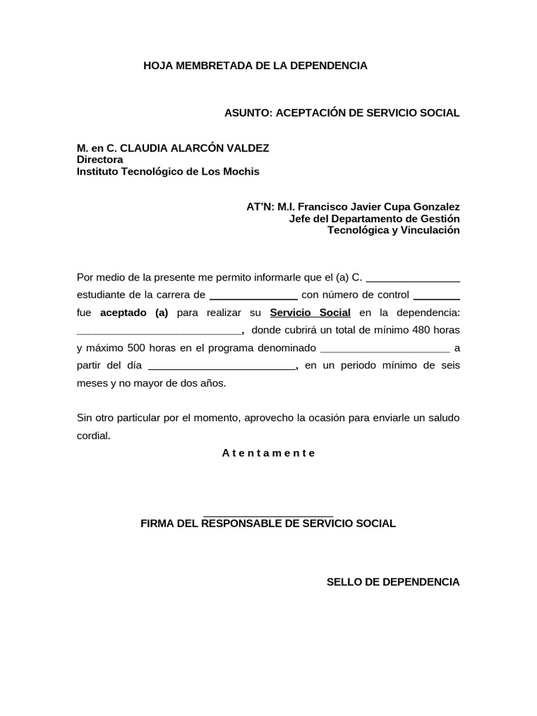 Aceptación De Servicio Social Institucional Pdf