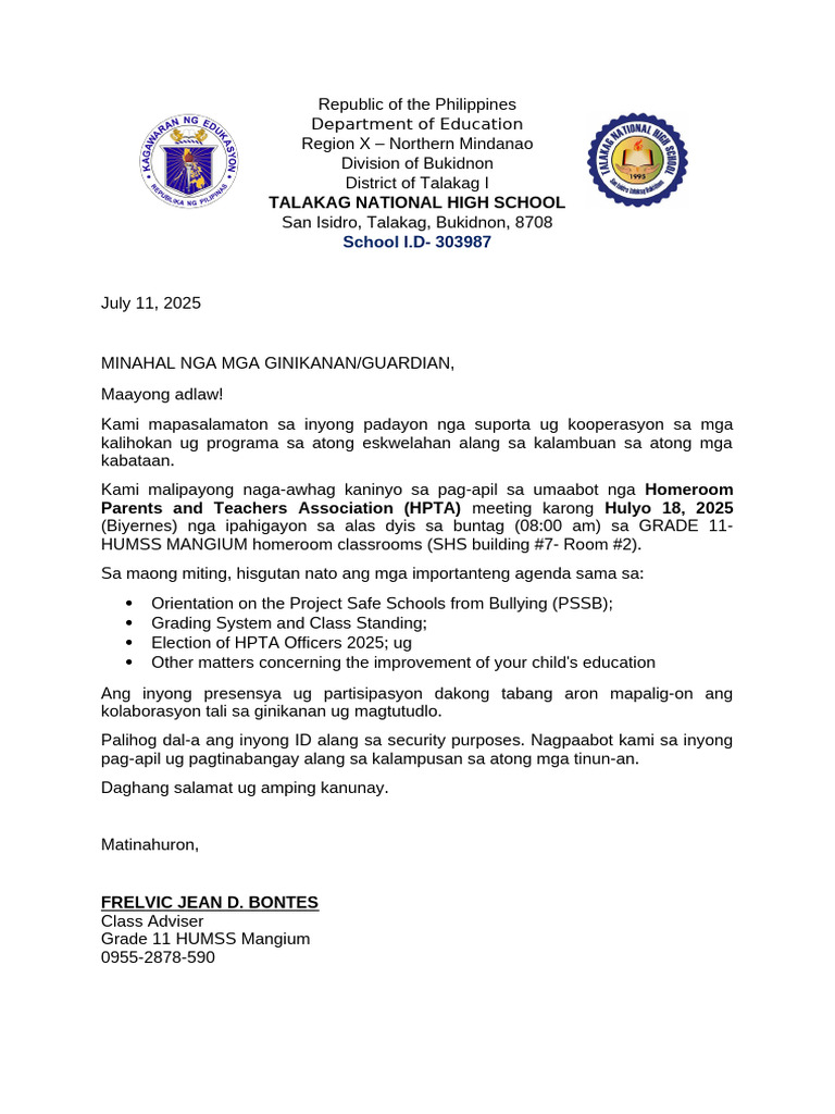 Hpta Letter To Parents | PDF