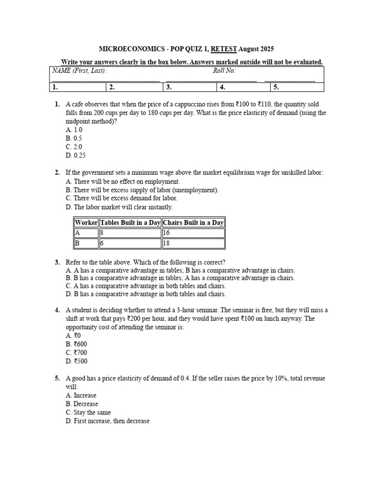 MicroEcon Pop Quiz 1 - Version B For Retest Students | PDF