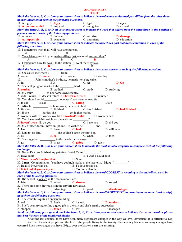 English Language Test Answer Keys | PDF | Bullying
