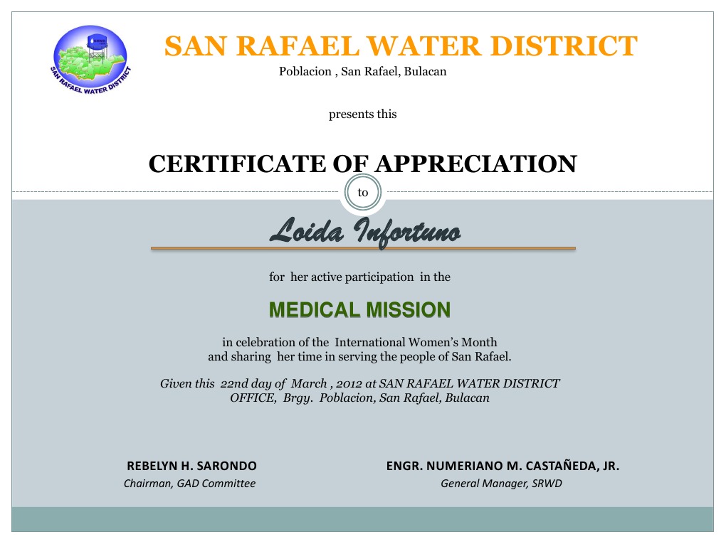 Certificate of Appreciation for Medical Mission | PDF