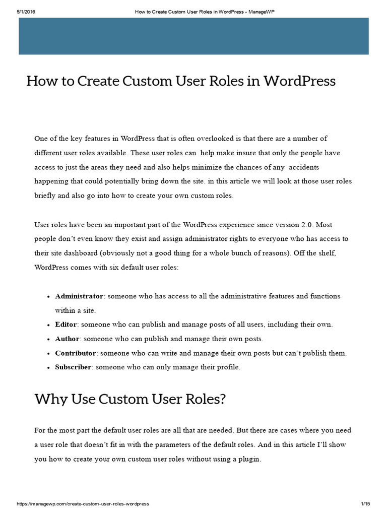 Creating Custom User Roles in WordPress | PDF | Word Press | Computing