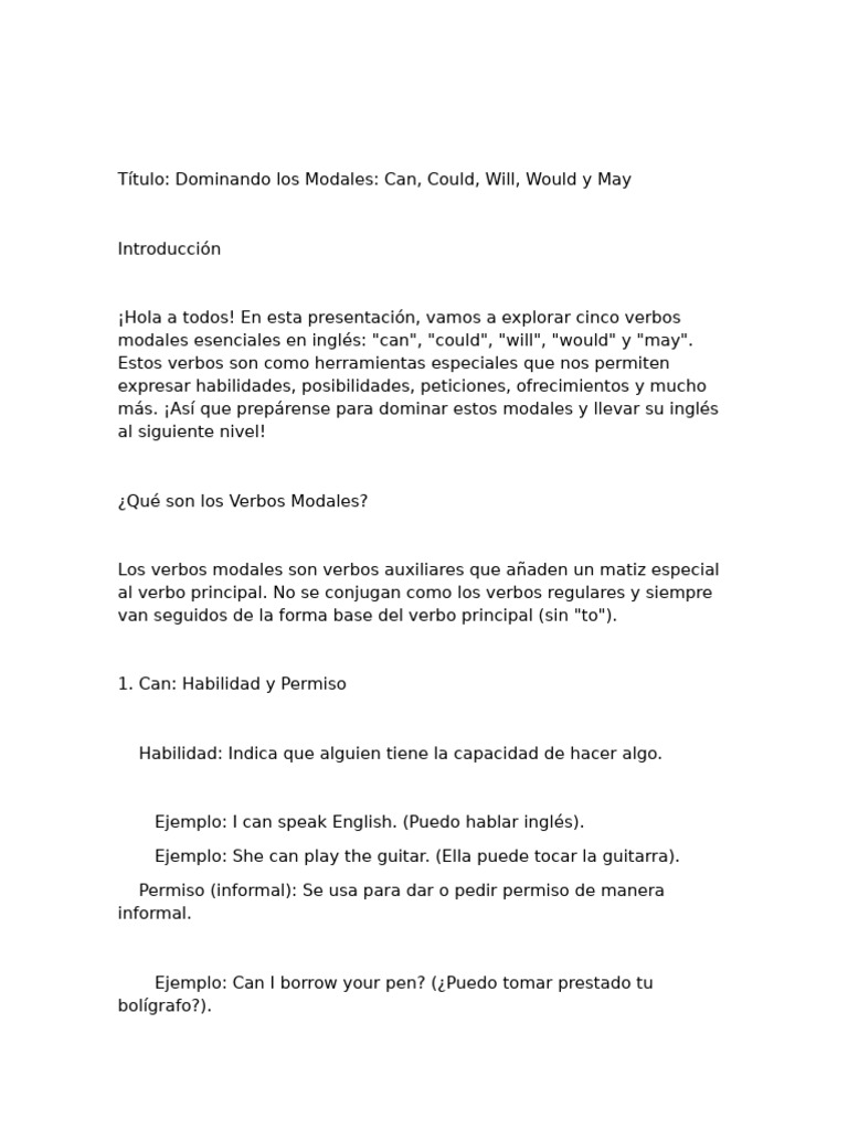 Verbos Modales en Inglés: Can, Could, Will, Would, May | PDF | Verbo