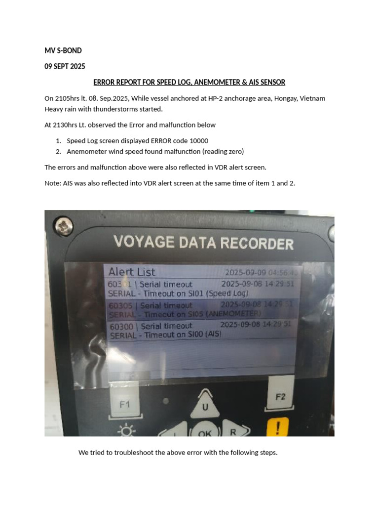 MV S-BOND Error Report: Speed Log & Sensors | PDF | Power Supply