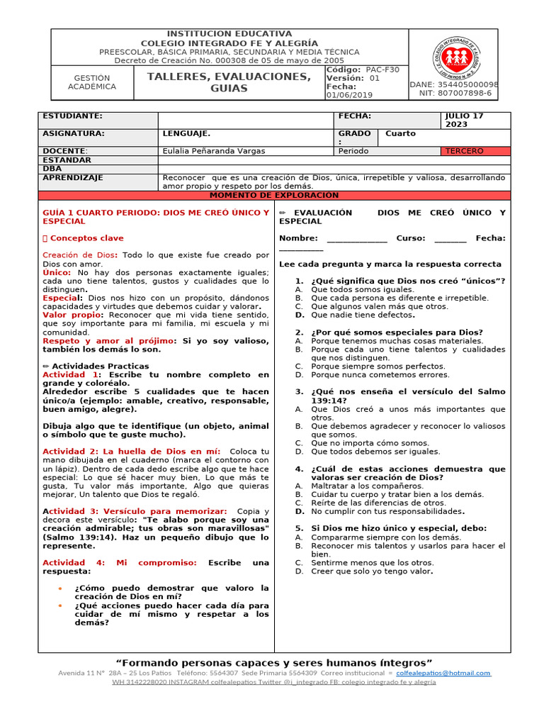 Guía de Aprendizaje: Dios Me Creó Único | PDF