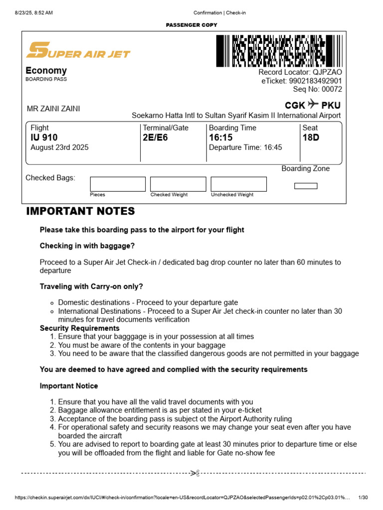 Super Air Jet Flight IU 910 Boarding Pass | PDF | International Airport ...