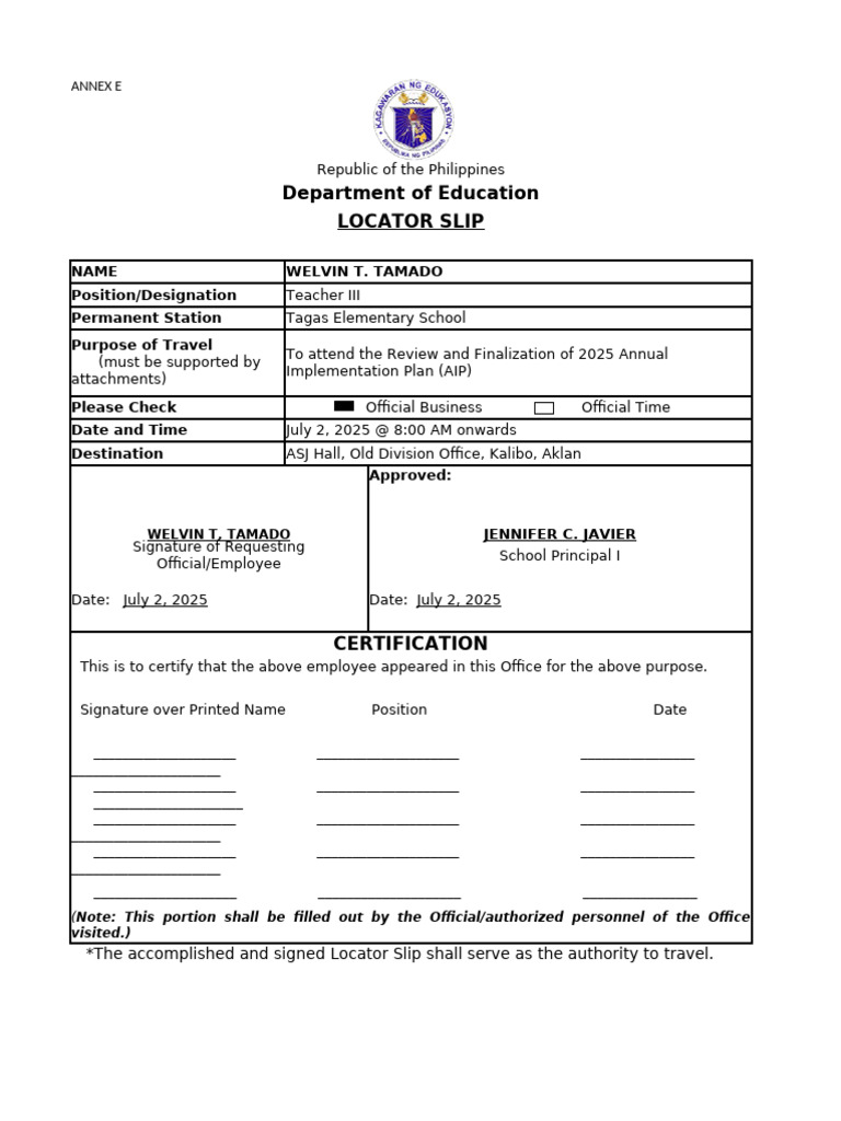 Locator Slip for Teacher Travel Approval | PDF