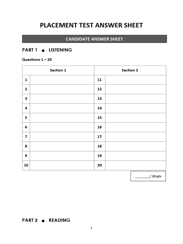 Placement Test Answer Sheet Template | PDF | Tests | Standardized Tests